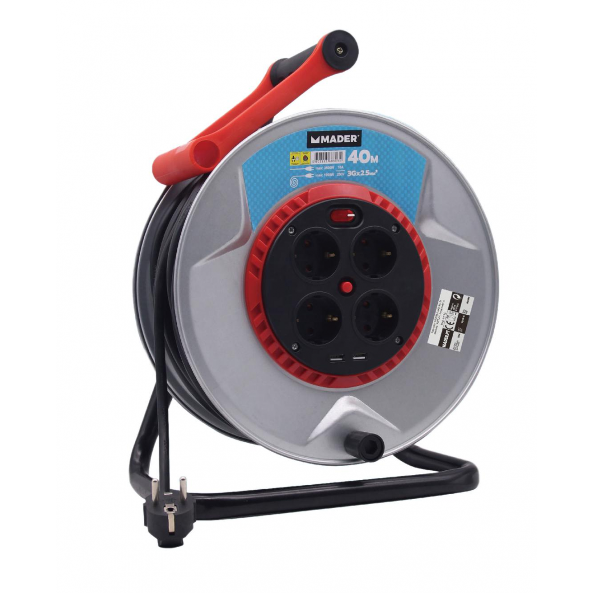 Extensão Elétrica, com Enrolador Metal, com Tampa, 40m, 3G2,5mm²- MADER ...